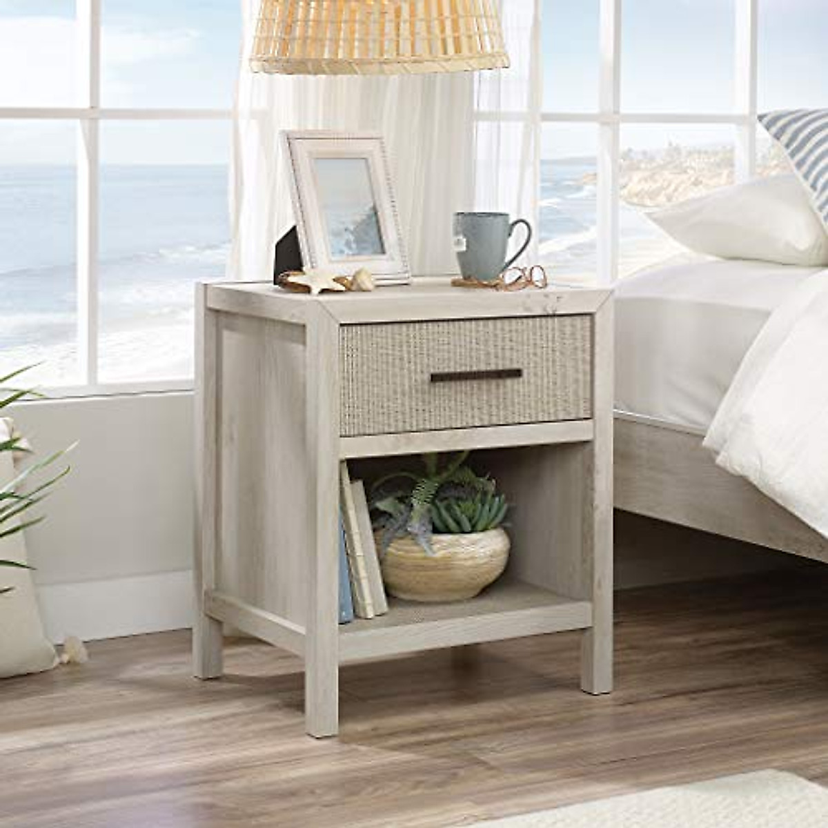 Sauder Pacific View Wood and Metal Nightstand in Chalked Chestnut Oak