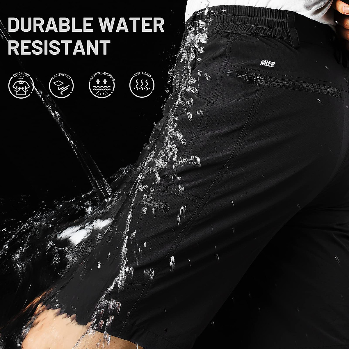 MIER Men’s Quick Dry Hiking Shorts Lightweight Nylon Stretch Outdoor Trail Shorts, 5 Zipper Pockets, 32, Black