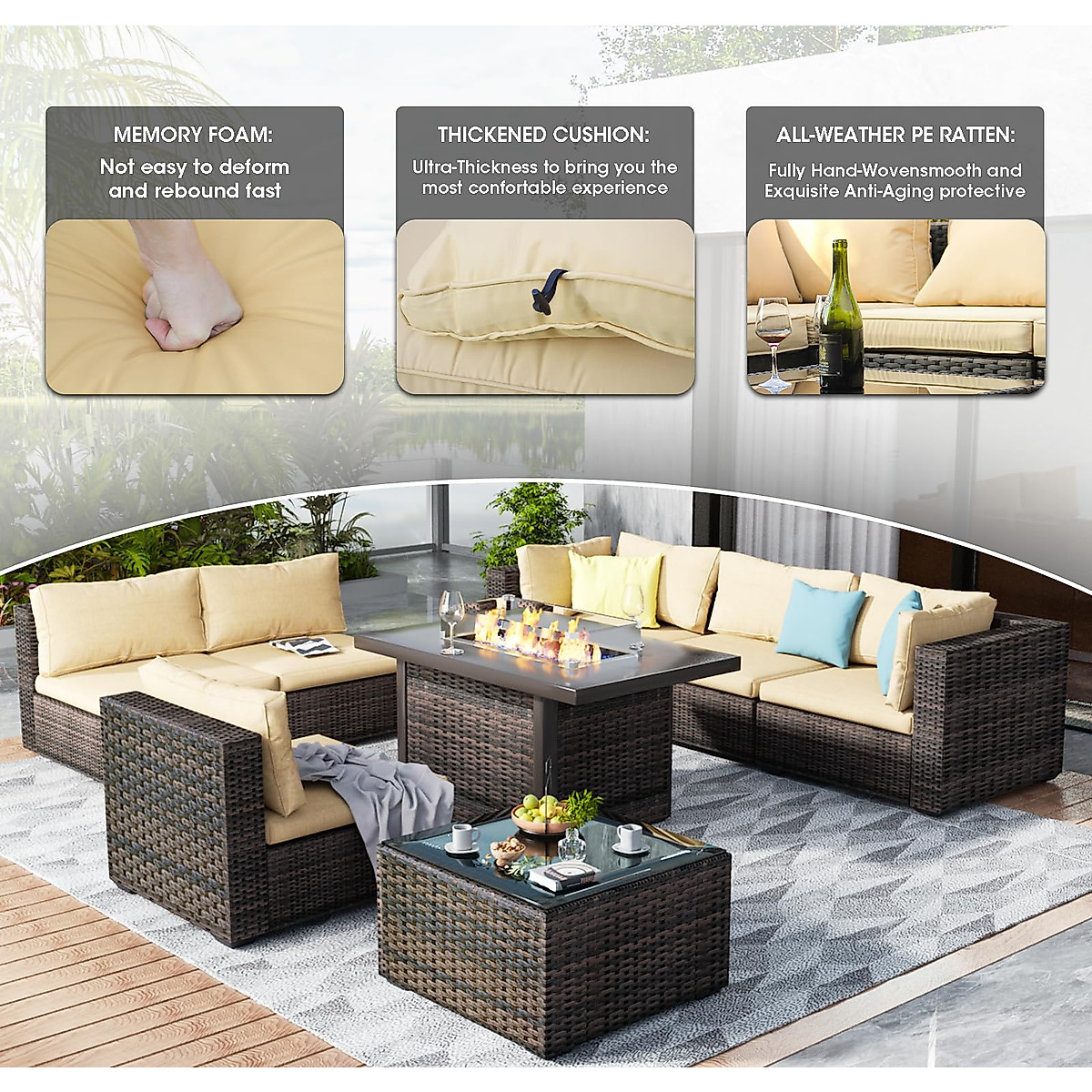 GREZJXC 3 Pieces Outdoor Sectional Patio Furniture Set with Fire Pit Table PE Rattan Wicker Patio Sectional Conversation Set with Cushions Beige