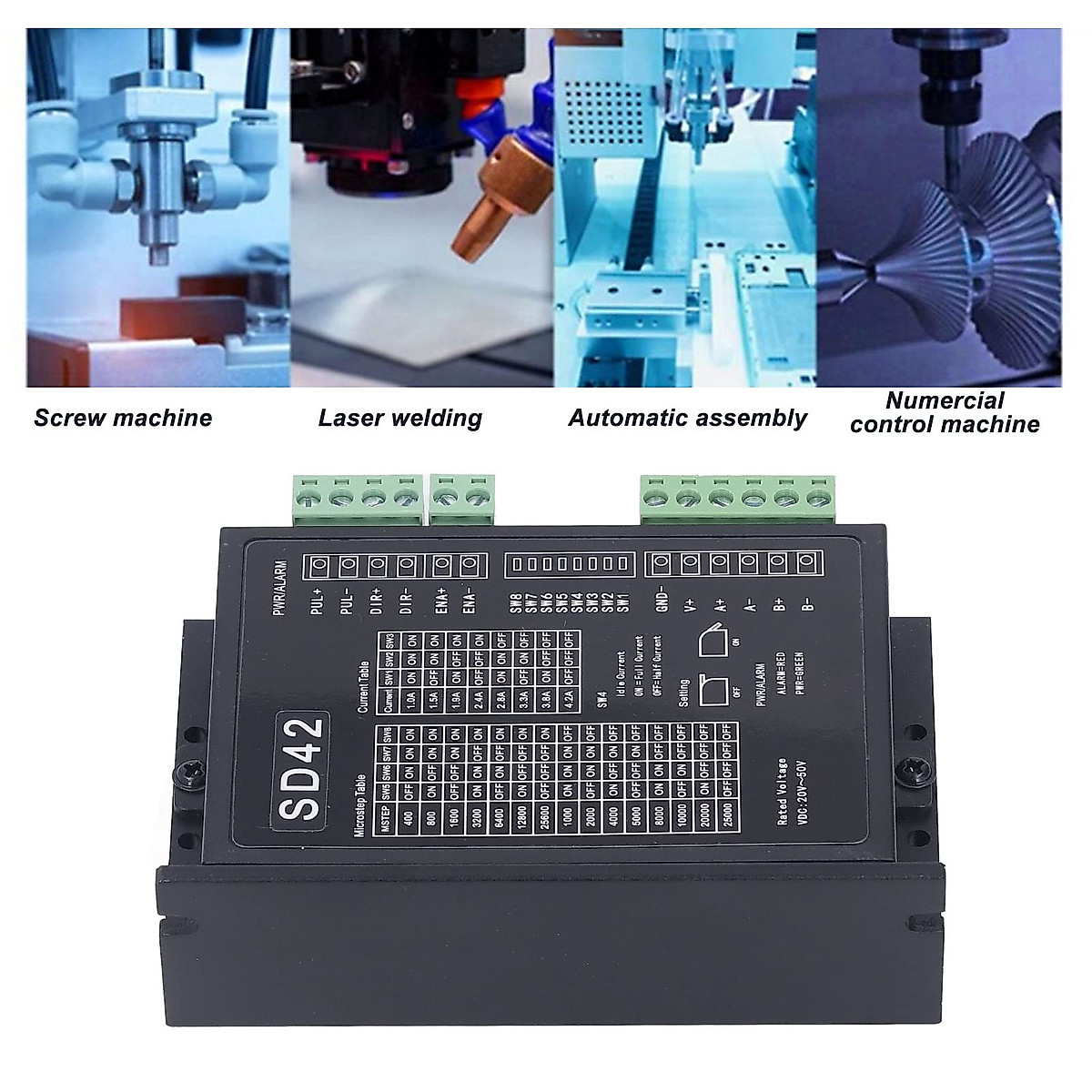Stepper Motor Driver, 2 Phase Digital Electronic Aluminum Alloy Controller Easy to Install DC20~50V 1.0~4.2A Micro Step Resolutions SD42