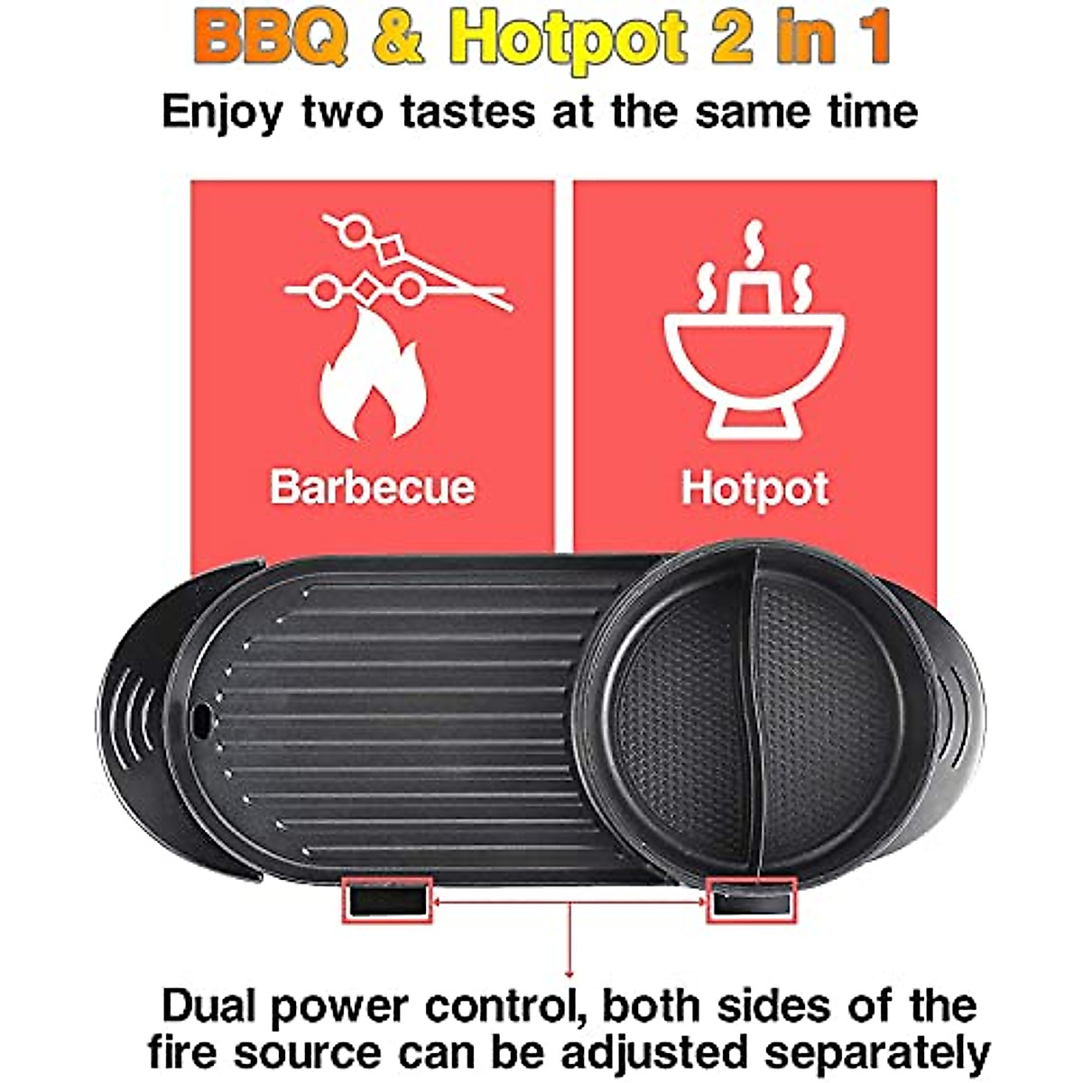 HYDDNice 2 in 1 Electric Grill with Hot Pot Multifunctional Electric Barbecue and Hot Pot Separate Dual Temperature Contral 110V 1000W