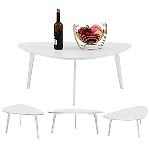 Small Oval Coffee Table Wood Mid Century Modern Coffee Tables Minimalist Farmhouse Style Chic for Living Room,Natural Wooden Texture,Unique Triangle Tabletop,Oak Leg,White 38.5"