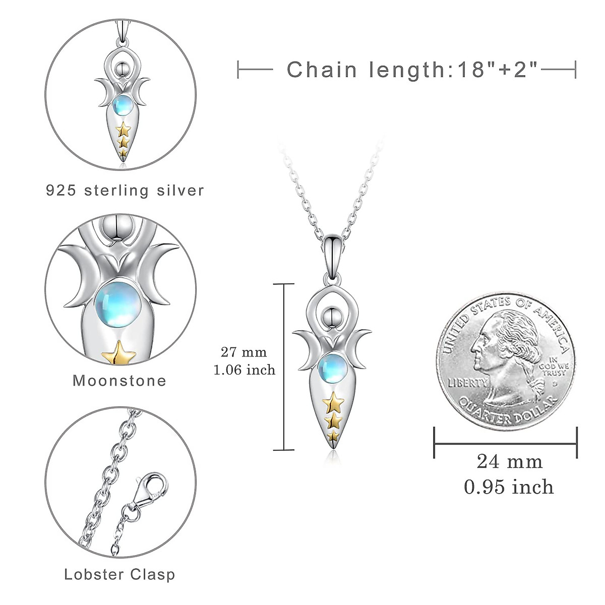 CVRAVO Triple Moon Goddess Necklace Sterling Silver Moonstone Moon Pendant Necklace Pagan Wiccan Magic Amulet Jewelry Gifts For Women