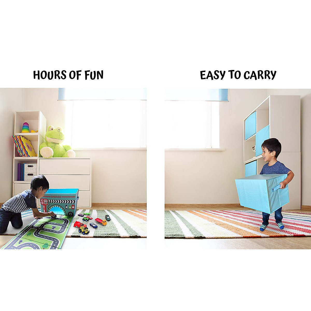 EMBRACE PLAY Toy storage box with car rug play mat - Toy box for boys and girls - 2 in 1 collapsible toy car storage- toyboxes for children - toy boxes for kids (BLUE)