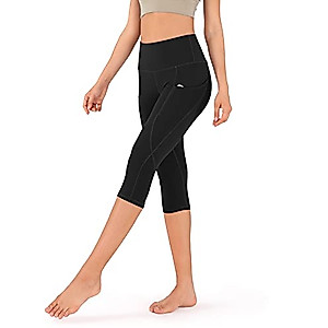 ODODOS Women's High Waisted Yoga Capris with Pockets,Tummy Control Non See Through Workout Sports Running Capri Leggings, Black,Medium