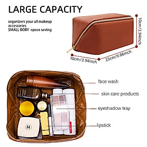 Makeup Bag,Large Capacity Travel Cosmetic Bag for Women, Multifunctional Open Flat Toiletry Bag with Handle,Washable Waterproof Beauty Zipper Makeup Organizer (Synthetic leather, brown)