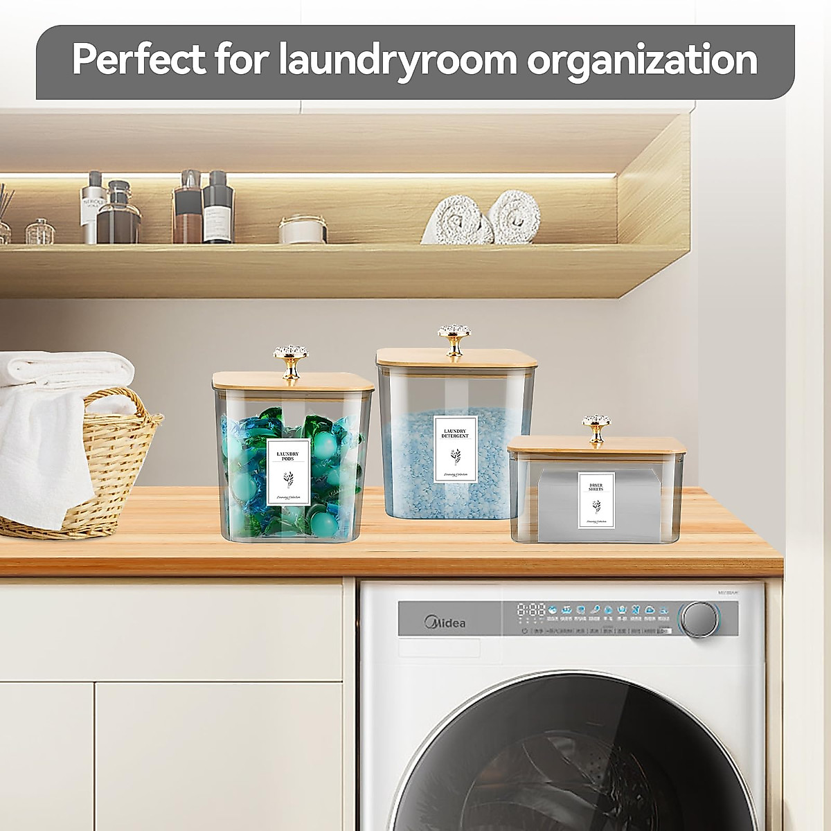 XMBecc 3 Pack Laundry Room Organization Storage Containers Laundry Pod Containers and Dryer Sheet Holder with Lids and Labels for Powder, Detergent, Scent Booster