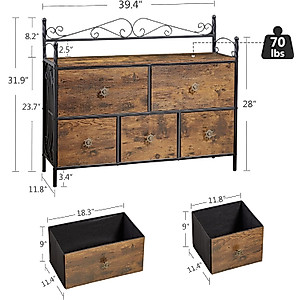 VECELO Dresser for Bedroom, Wide Chest of 5 Drawers, Storage Organizer Unit with Fabric Bins for Closet, Living Room, Hallway,Sturdy Metal Frame,Brown