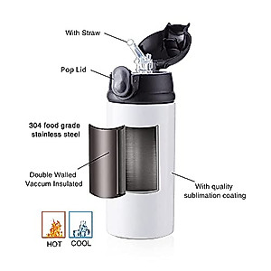 PYD Life Sublimation Blanks Kids Water Bottle 12 OZ White Straight Skinny Kids Tumbler Sippy Up Cup with Pop Black Lid for Tumbler Heat Press Machine Sublimation Print 6 Pack