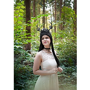 MOSTORY Handmade Black Deer Antlers Headband Gothic Reindeer Horns Elf Crown Dark Woodland Butterfly Headpiece for Women Girls Renaissance Halloween Cosplay Goth Wedding Party