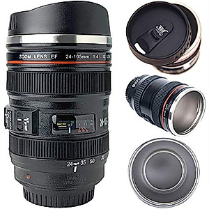 Tmango Camera Lens Coffee Mug With Retractable Lid, Photo Coffee Mugs, Stainless Steel Travel Lens Mug, Great Gifts for Photographers Men and Women