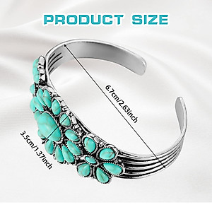 Bonuci Turquoise Bracelet Women Western Style Jewelry Turquoise Cuff Bracelet Adjustable Cluster Flower Silver Bracelet Turquoise Stone Bracelet for Women Retro Party(Green)