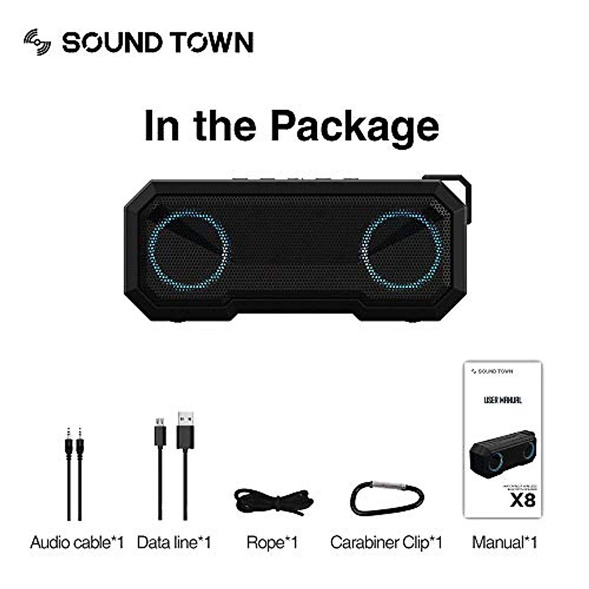 Sound Town 2-Pack of X8 Portable TWS Bluetooth Speakers, IPX7 Waterproof, Stereo Sound, LED Light, Built-in Mic for Phone Calls and Battery Power Bank, for Home and Outdoor, Black (X8-BK-Pair)