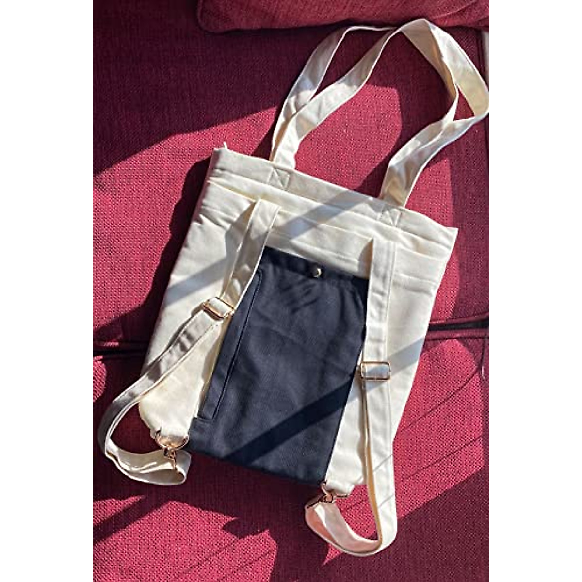 KELAMY Convertible Canvas Backpack Tote with Zippers & Pockets Color Block Tote Bag/Backpack (Black)