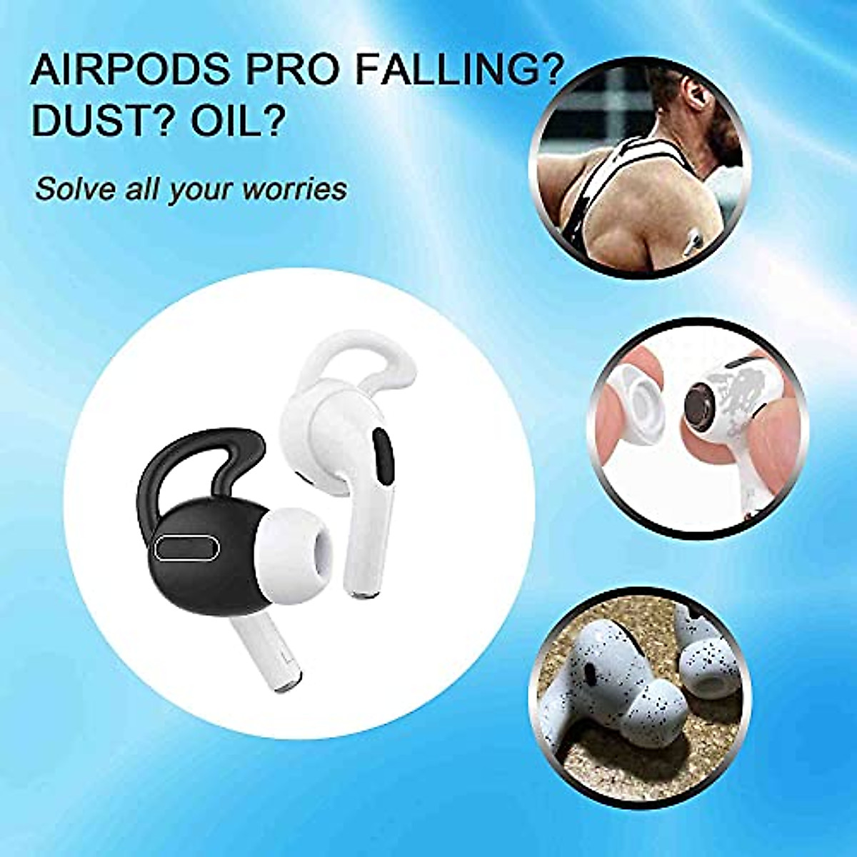 Ear Covers and Hooks Accessories Compatible with Apple AirPods Pro, 4 Pairs Professional Anti-Slip Silicone Earbuds Tips Hook Compatible with Apple Airpods Pro (2 White+2 Black)