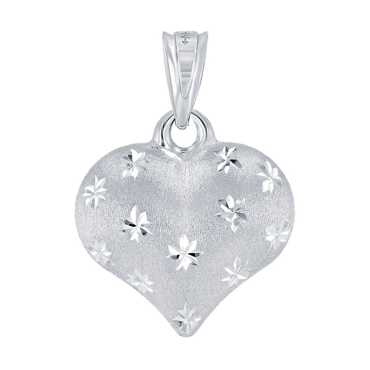 Jewelry America Polished 14K White Gold Satin Heart with Star Texture Charm Penadant Necklace, 18"