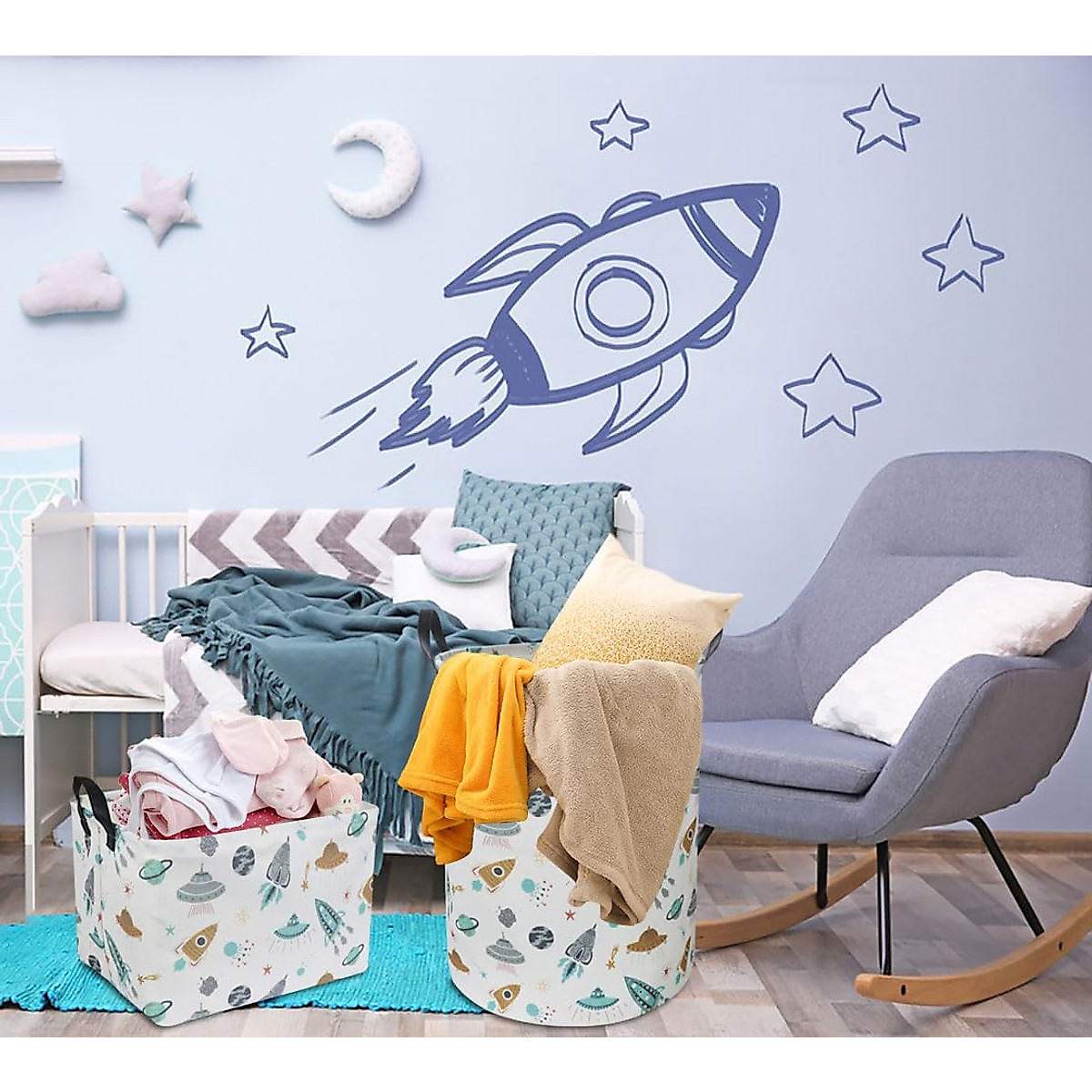 HKEC 19.7’’ Waterproof Foldable Laundry Basket,Baby Nursery Hamper,Dirty Clothes Hamper for Boys and Girls,Kids Toys/Books Bins, Gift Baskets, Room Decor(Spacecraft)