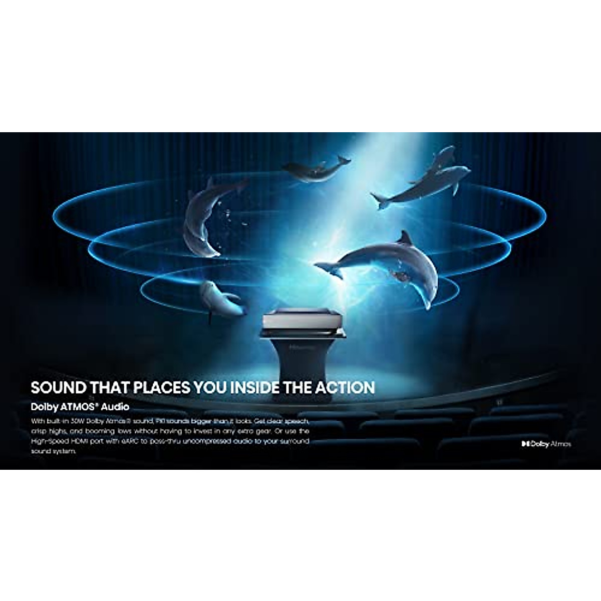 Hisense PX1 4K UHD Triple-Laser UST Ultra Short Throw Projector, 2000 Lumens, Android TV, HDR10, 30W (Stereo) Dolby Atmos, Dolby Vision, Built-in Alexa and Google Assistant