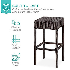 Best Choice Products 5-Piece Outdoor Wicker Bar Table Set for Patio, Poolside, Backyard w/Built-in Bottle Opener, Hidden Storage Shelf, Metal Tabletop, 4 Stools - Brown