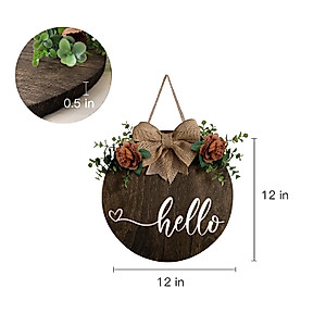 Wood Round Hello Welcome Wreath Sign Hanging Decoration Front Door, Farmhouse Porch Sign and Artificial Green Plant, Rural Outdoor Decor New House Relocation Gift
