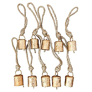 Vivanta 1.75 Inch 10 Pcs Small Mini Gold Rustic Vintage Iron Tin Metal Christmas Ornaments Jingle Bells for Crafts, Tiny Cow Bells for Hanging Chimes, Creative Indian Handmade Art Cylinder Rope Bells