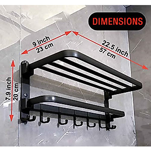 Yariwiz Matte Black Towel Rack Wall Mounted No Drill and Screw Mounting, Bathroom Bath Shower 22.5 inch Double Towel Rod with Shelf Hotel