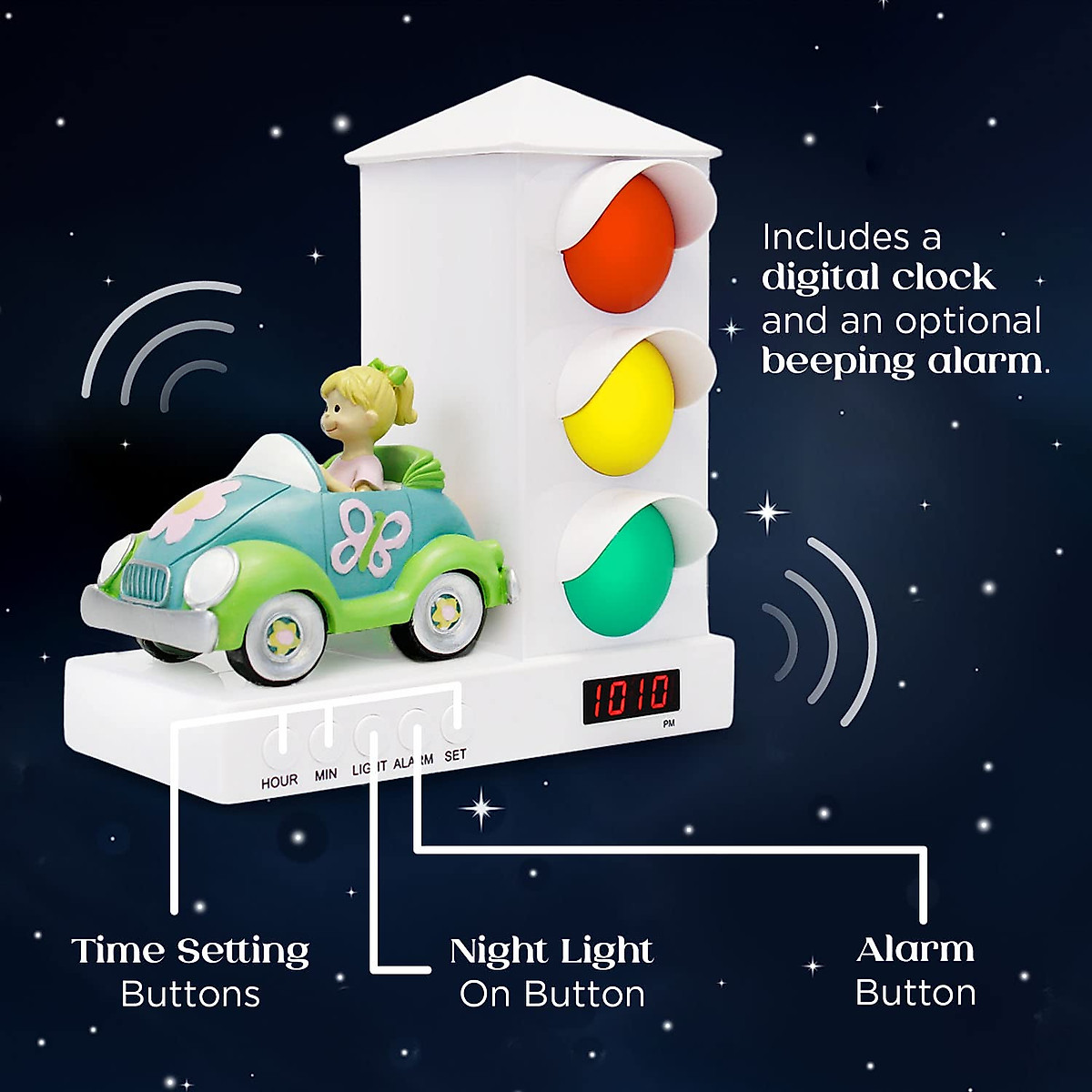 It's About Time Stoplight Sleep Enhancing Alarm Clock for Kids (Girl Car Clock)