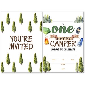 Soiceu Cute Camping One Happy Camper 1st Birthday Party Invitations with Envelopes Set of 20 Woodland Camp 1 Year Old First Birthday Party Invites