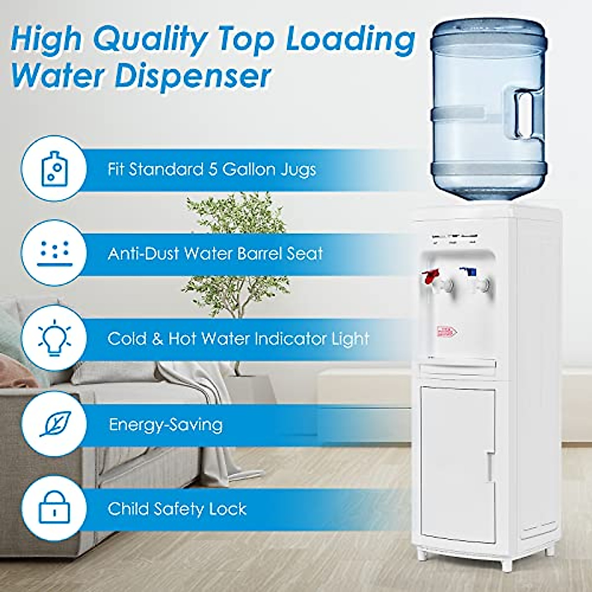 GOFLAME Water Cooler Dispenser Top Loading, Water Dispenser with Hot & Cold Water, Storage Cabinet, Child Safety Lock, Holds 3-5 Gallon Bottles for Home Office Dorm