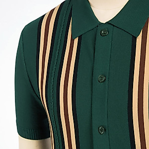 PJ PAUL JONES Mens Retro Striped Polo Shirt Short Sleeve Button Down Knitted Shirts Green M