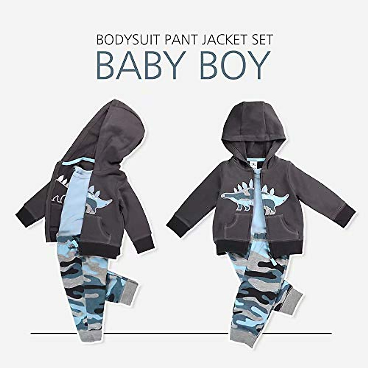 Gorboig 3-6 Month Boy Clothes Hoodie Jacket Long Sleeve Bodysuit Pant Set Dinosaur 3PCS Outfit(camo,6m)