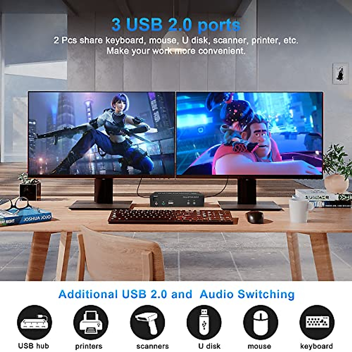 KVM Switch Dual Monitor Display Port and HDMI 4K@60Hz Extended Display KVM Switch 2 Monitors 2 Computers with Audio Microphone Output and 3 USB Ports, PC Monitor Keyboard Mouse Switcher