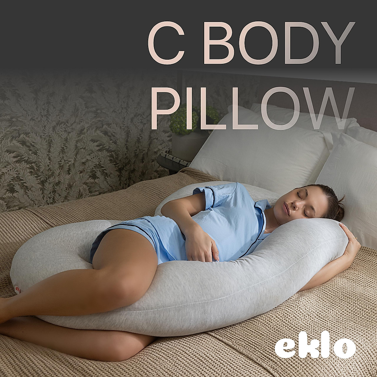 EKLO Pregnancy Pillows, C-Shape Full Body Pillow – Jersey Cover Light Grey – Maternity Must Haves, Great for Sleeping, Resting - Full Body Support