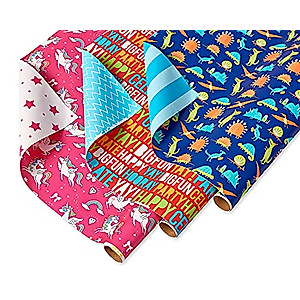 American Greetings Reversible Birthday and All Occasion Wrapping Paper for Kids, Unicorns and Dinosaurs (9 Rolls, 120 sq. ft.)