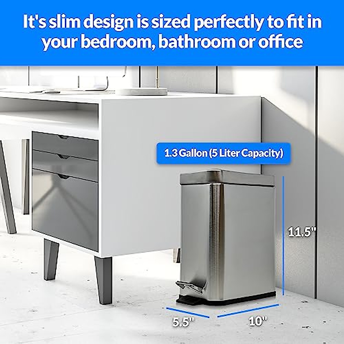 Reli. Small Trash Can with Lid, 1.3 Gallon (5 Liter) | Stainless Steel (Silver) | Small Bathroom Trash Can | Step Pedal Garbage Can with Removable Bucket, Kitchen | Rectangular Metal Trash Bin