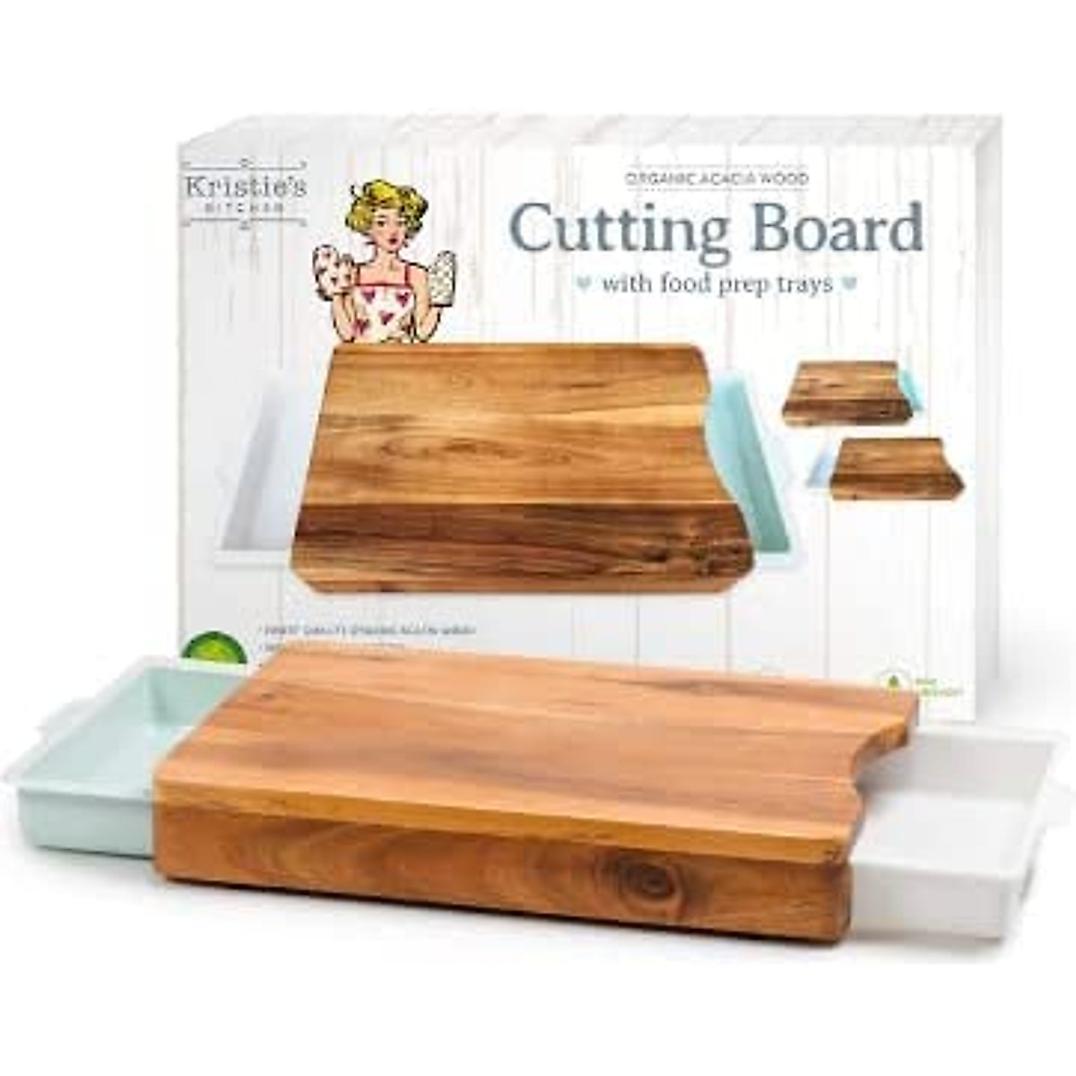 Kristie's Kitchen Wood Cutting Board - Sturdy Chopping Board With Pull Out Trays For Easy Food Prep, Storage & Clean Up - Small Cutting Board Wood Dimensions - 100% Acacia Cutting Board for Kitchen