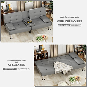 JUMMICO Faux Leather Futon Sofa Bed Futon Couch with Removable Armrests Adjustable Sleeper Sofa Bed with 2 Cup Holders for Living Room (PU Leather, Grey)