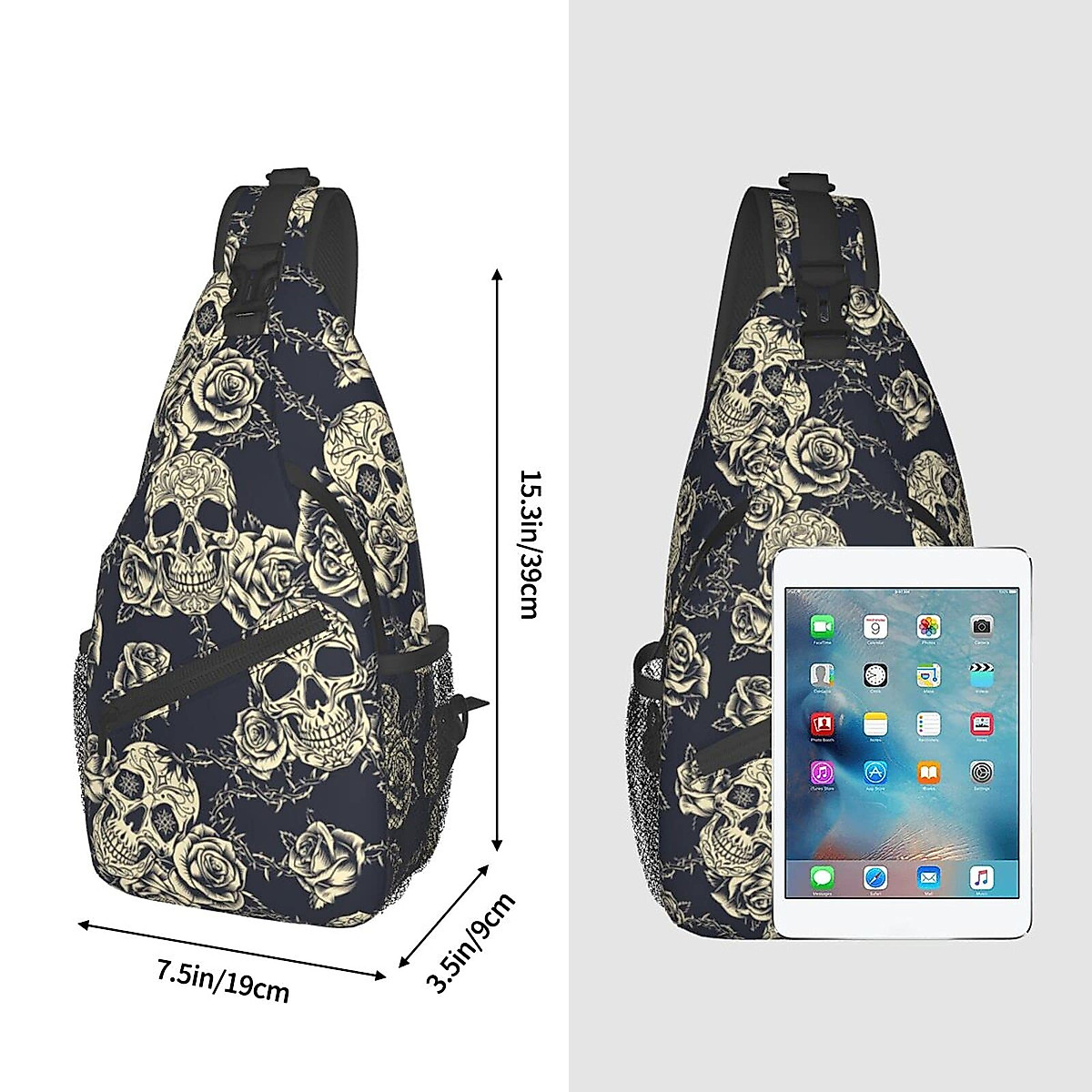 YANGDADA Skull and Roses Sling Bag for Women Men Crossbody Bags Travel Hiking Lightweight Daypack Shoulder Backpack for Cycling Fitness