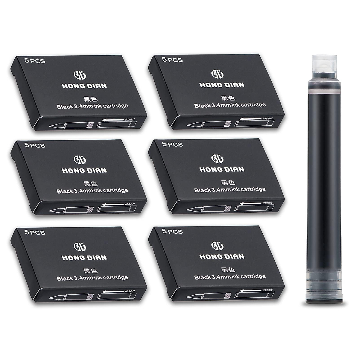 Asvine Fountain Pen Ink Cartridges Black Color, Set of 30 Refill Ink Cartridges, 3.4 mm Bore Diameter