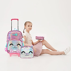 Backpack with Wheels for Girls Cute Rolling Pink Cat School Backpack Kids Sequin Roller Luggage Suitcase for Elementary Kindergarten Students with Lunch Box Pencil Case for Girls 5-12 Years Old