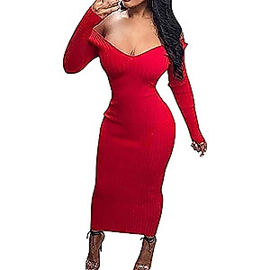Cinyifaan Womens Deep V Neck Knit Sweater Long Sleeve Bodycon Midi Pencil Dress