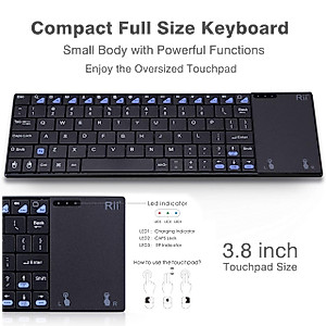 Rii K12+ Mini Wireless Keyboard with Large Touchpad Mouse&Qwerty Keypad, Stainless Steel Portable Wireless Keyboard with USB Receiver for MacBook/iPad/Tablet/PC/Laptop/Smart TV/Raspberry Pi - Black