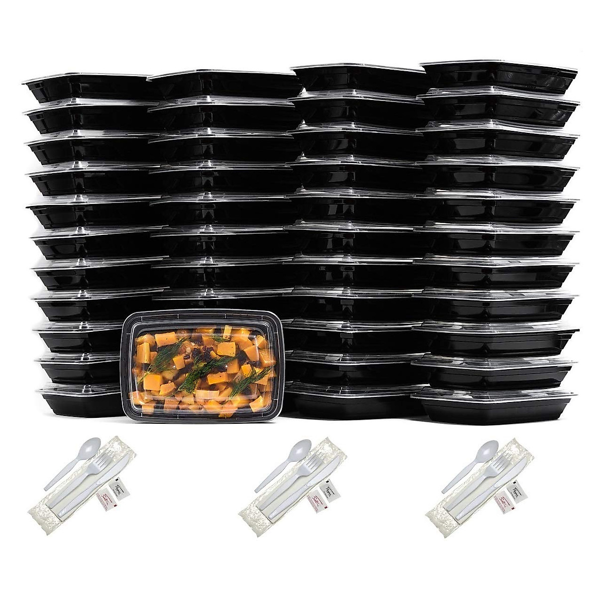 EcoQuality Meal Prep Containers with Cutlery [150 Pack] Single 1 Compartment Food Storage Lunch Box | Bento Box | BPA FREE| Freezer/Microwave/Dishwasher Safe – Airtight/Watertight/Stackable (32oz)
