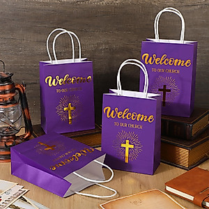 Chuangdi 50 Pcs Church Welcome Gift Bags Christmas Christian Paper Bags Welcome to Our Church Bags Religious Bags with Handles for Church Guest Baptism Birthday Church Party,5.9 x 3.15 x 8.27 Inch(Purple)