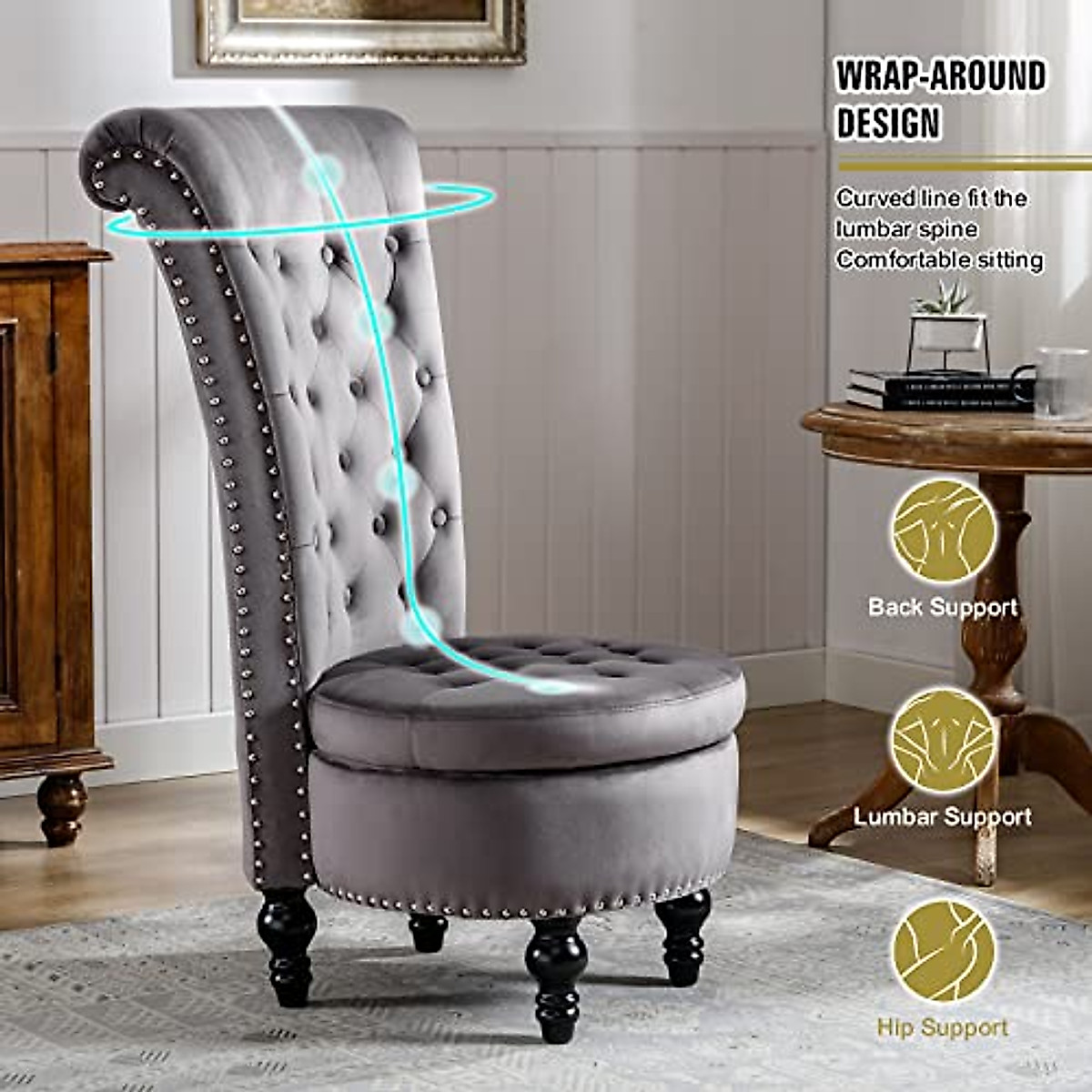 Icoget Gothic Queen of Throne Chair, Velvet High Back Chair w/Nailhead Trim, Button-Tufted Upholstered Royal Retro Accent Chair w/Rubberwood Legs and Storage Space for Living Room, Grey