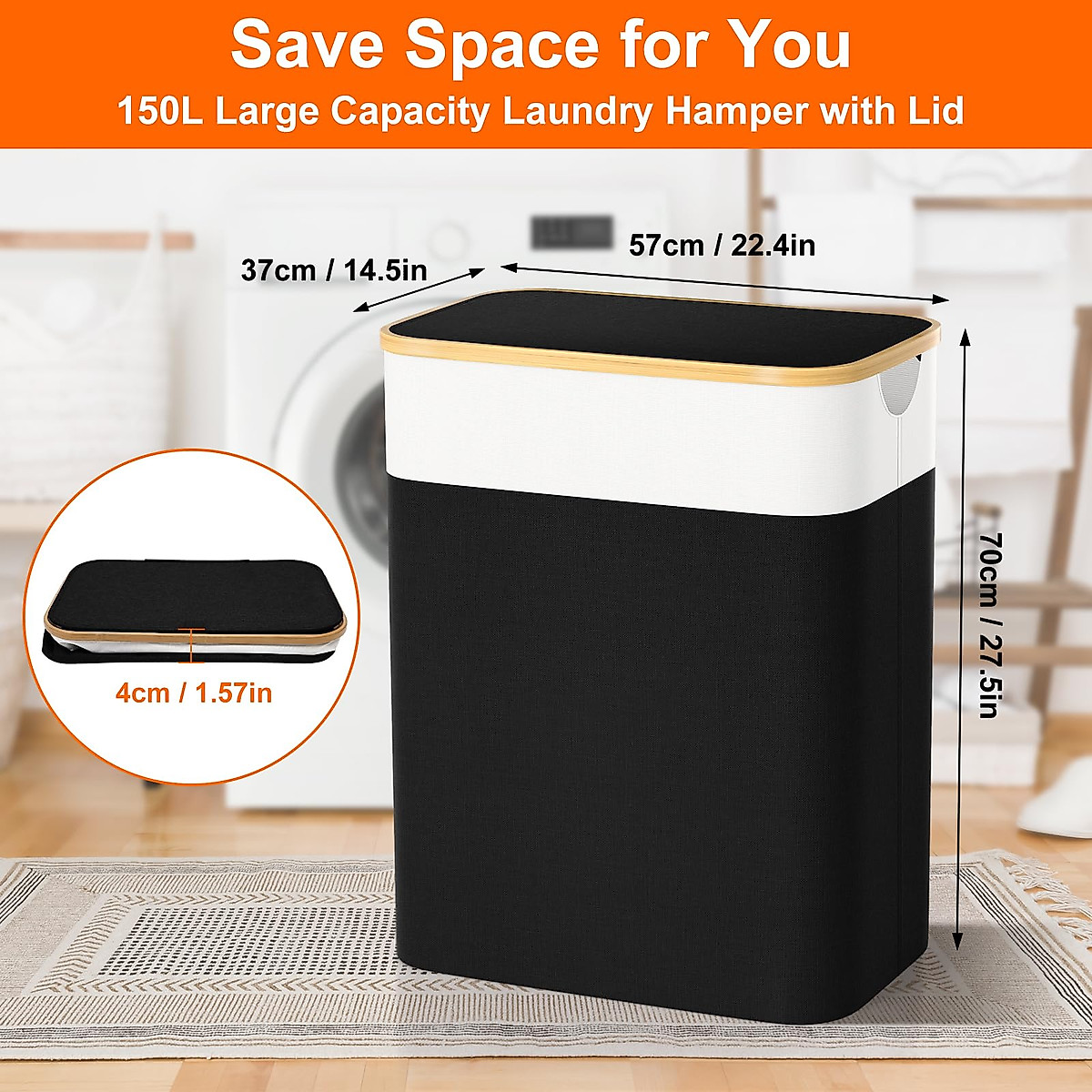 Laundry Hamper with Lid, 150L Large Laundry Basket with Bamboo Handles and Removable Bags, Collapsible Dirty Clothes Hamper, 2 Section Laundry Bin Organizer for Bedroom,Bathroom,Laundry Room, Black