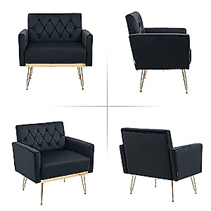 Olela Accent Chair Set of 2,Velvet Armchair Single Sofa Modern Tufted Upholstered Side Reading Chairs with Arm and Gold Metal Leg for Living Room Bedroom Club Nursery Office Decorate(2, Black)