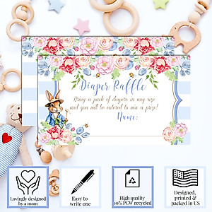 Little Rabbit Floral Themed Diaper Raffle Tickets for Boy Baby Showers, 20 2" X 3” Double Sided Insert Cards for Games by AmandaCreation, Bring a Pack of Diapers to Win Favors & Prizes!