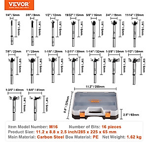 VEVOR Forstner Bit Set, 16 Pcs Forstner Drill Bits Set, 1/4" to 1-5/8", Carbon Steel, with Universal Round Shank, Forstner Drill Bit for Wood and Composite Board, Forstner Bits for Woodworking