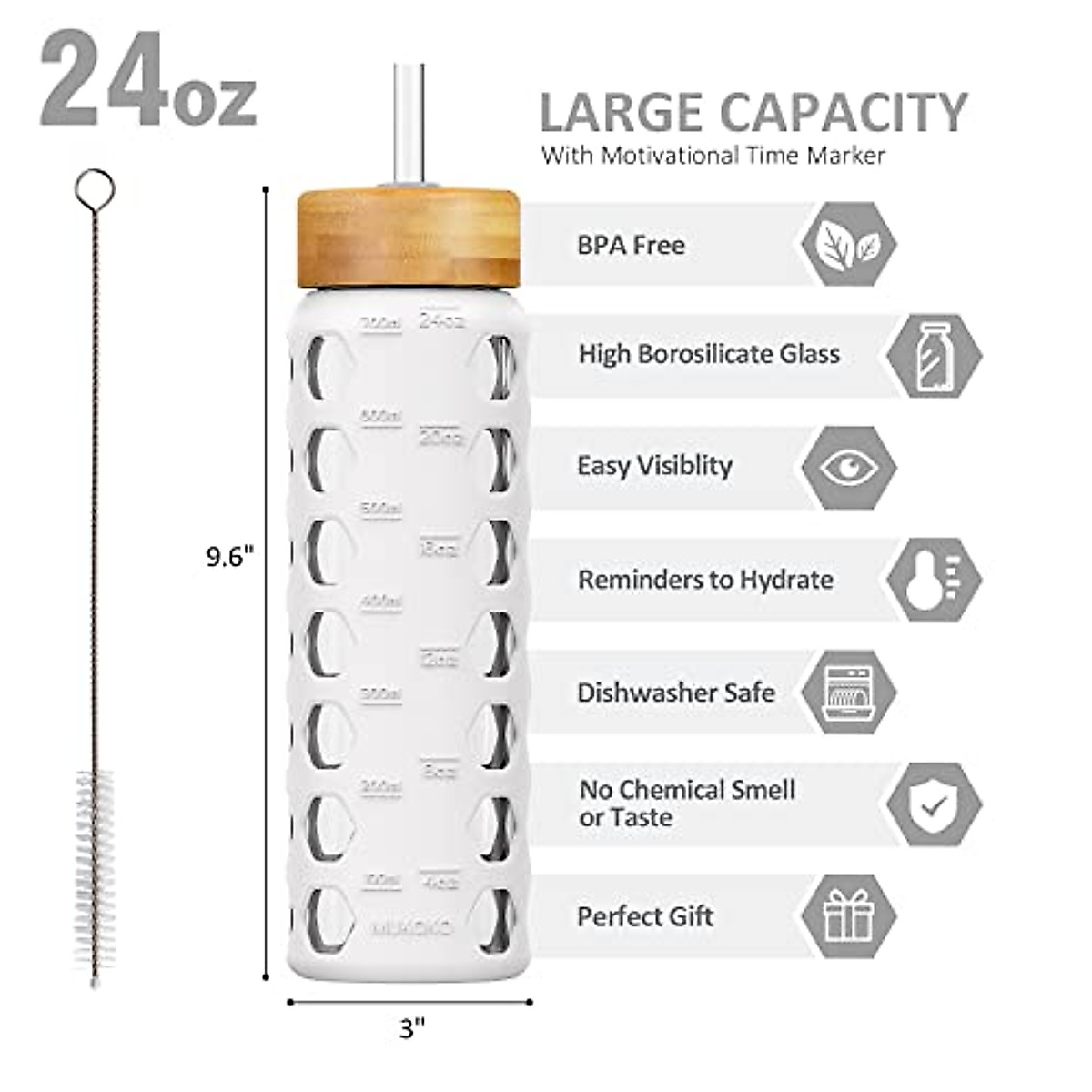 MUKOKO 32oz Glass Water Bottles with 2 Lids-Handle Spout Lid&Bamboo Straw Lid, Motivational Water Tumbler with Time Marker Reminder and Silicone Sleeve, Leakproof-White-1 Pack